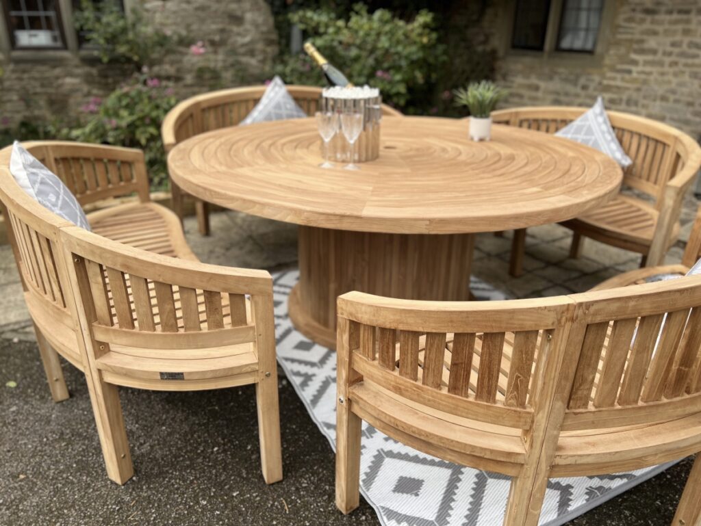 Teak Garden Furniture 12 Seater Round Table Set with 4 Benches - Teak ...